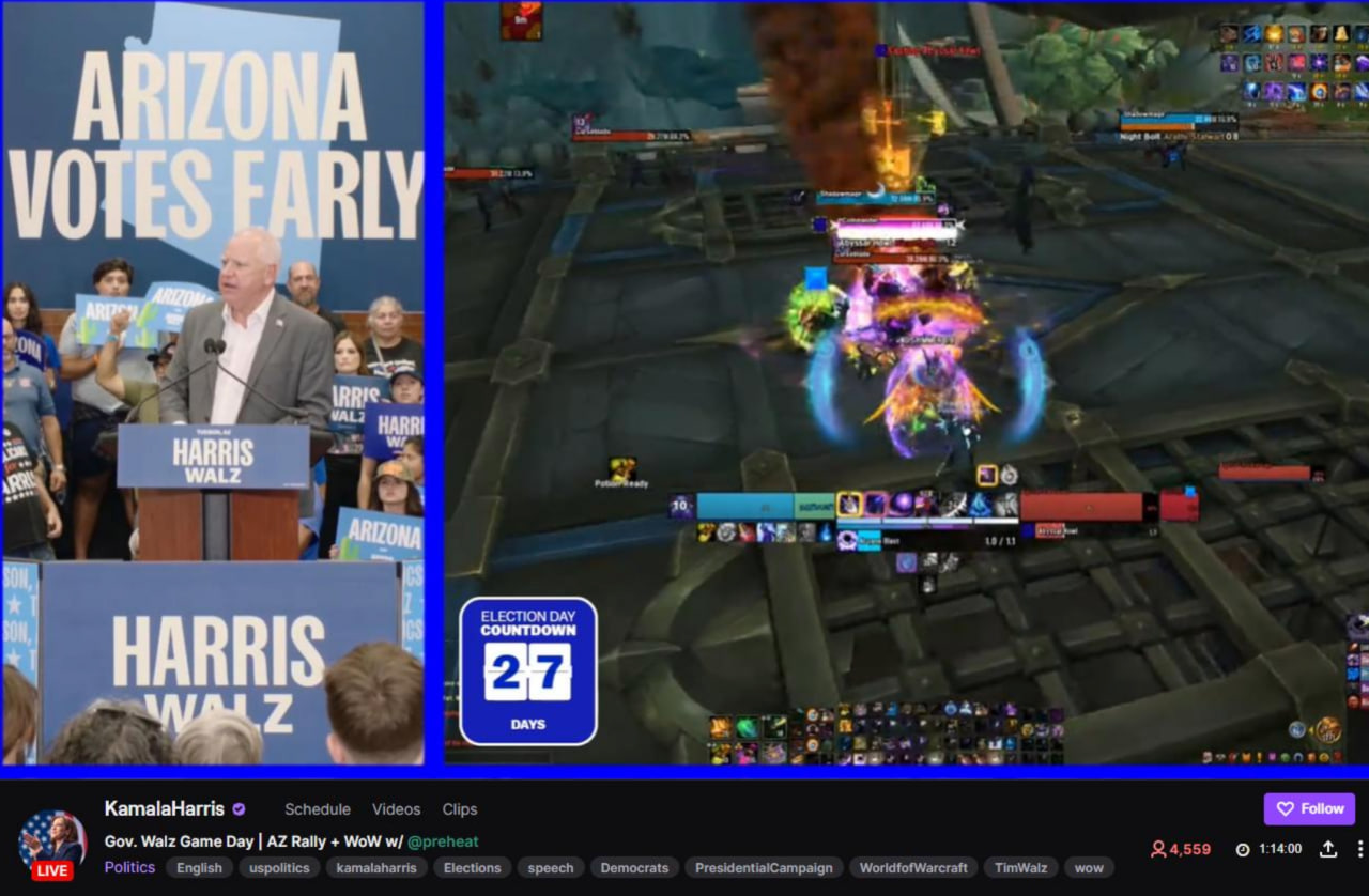 Streamer Preheat plays WoW during Kamala Harris' rally broadcast